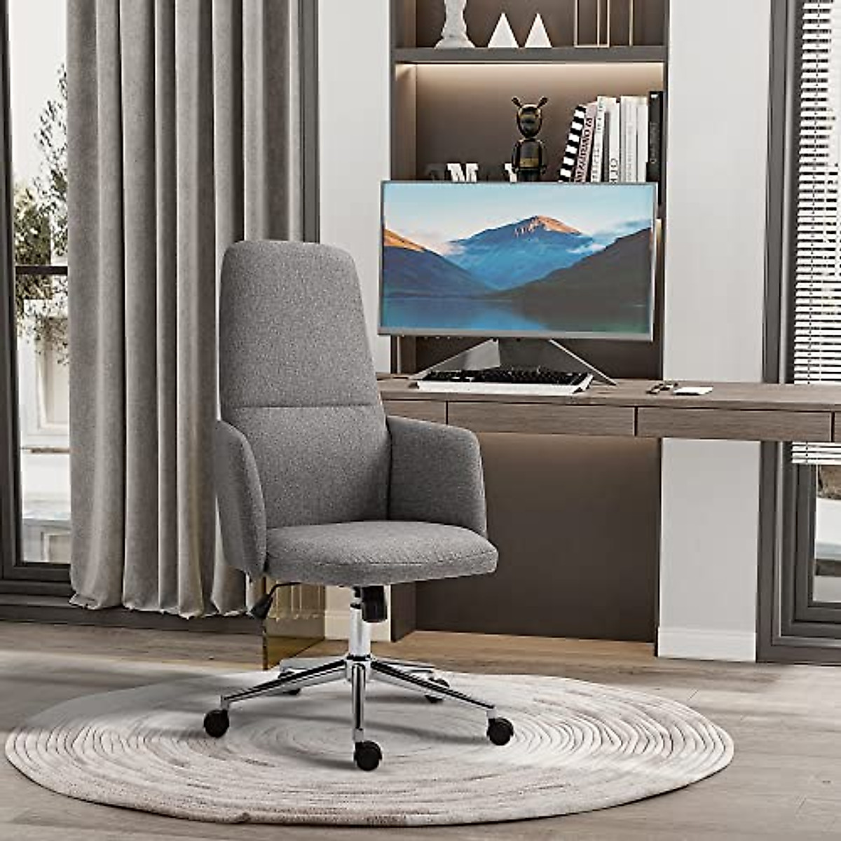 Vinsetto High Back Office Chair Breathable Fabric Computer Home Rocking Seat with Swivel Wheels, and Padded Arms, Grey