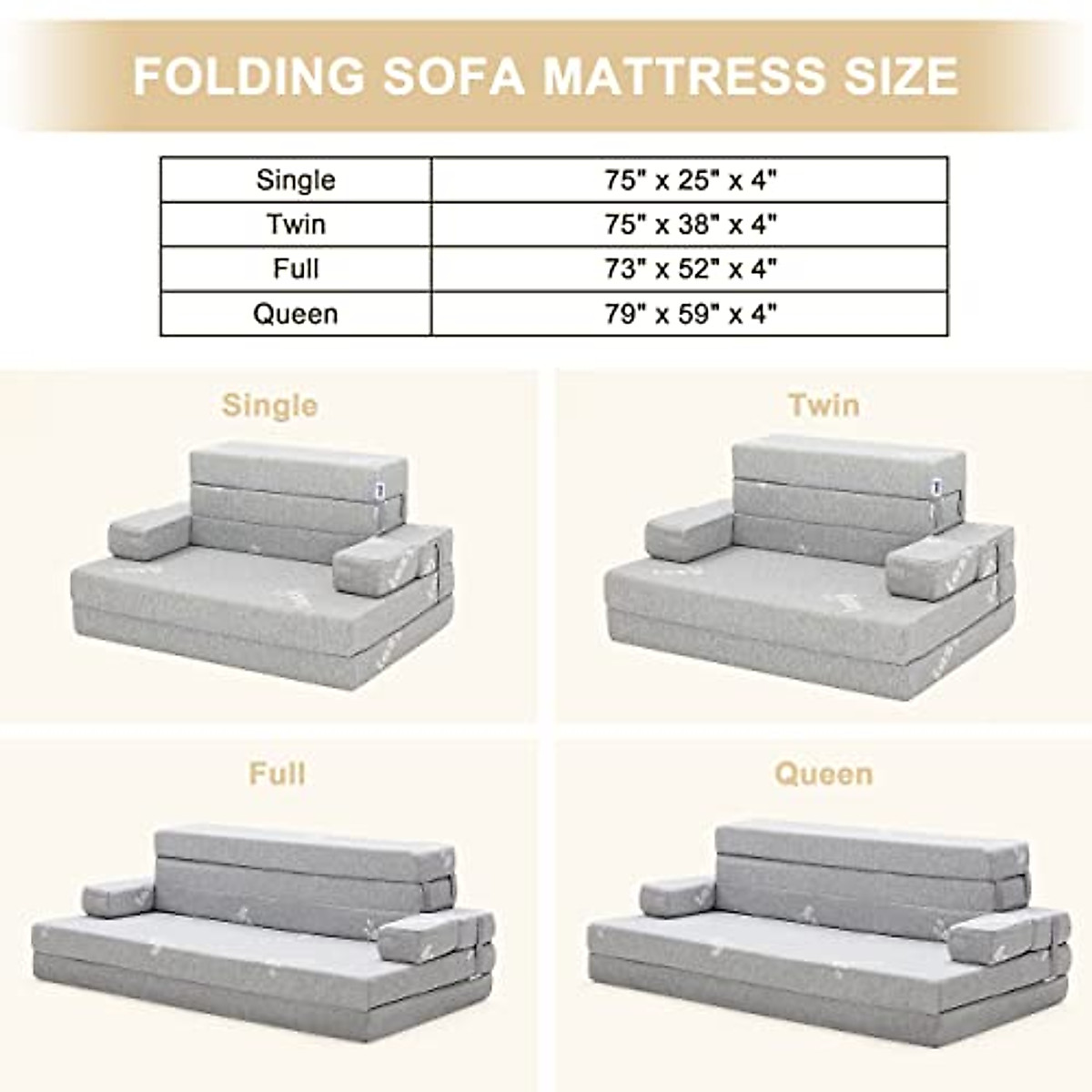 Lazyzizi Sleep 4 Inch Foldable Mattress, Portable Floor Mattress Couch with Headrest, Washable Cover, Foldable Foam Couch Queen for Guest Bed, Folding Sofa Bed, Camping, Road Trip， Light Grey