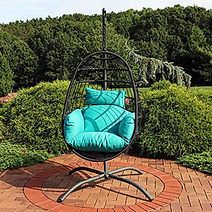 Sunnydaze Penelope Hanging Egg Chair with Seat Cushions and Stand - Black Hanging Wicker Chair with Turquoise Polyester Cushions and Powder-Coated Steel Stand - Collapsible Nylon Back Design - 78-Inch