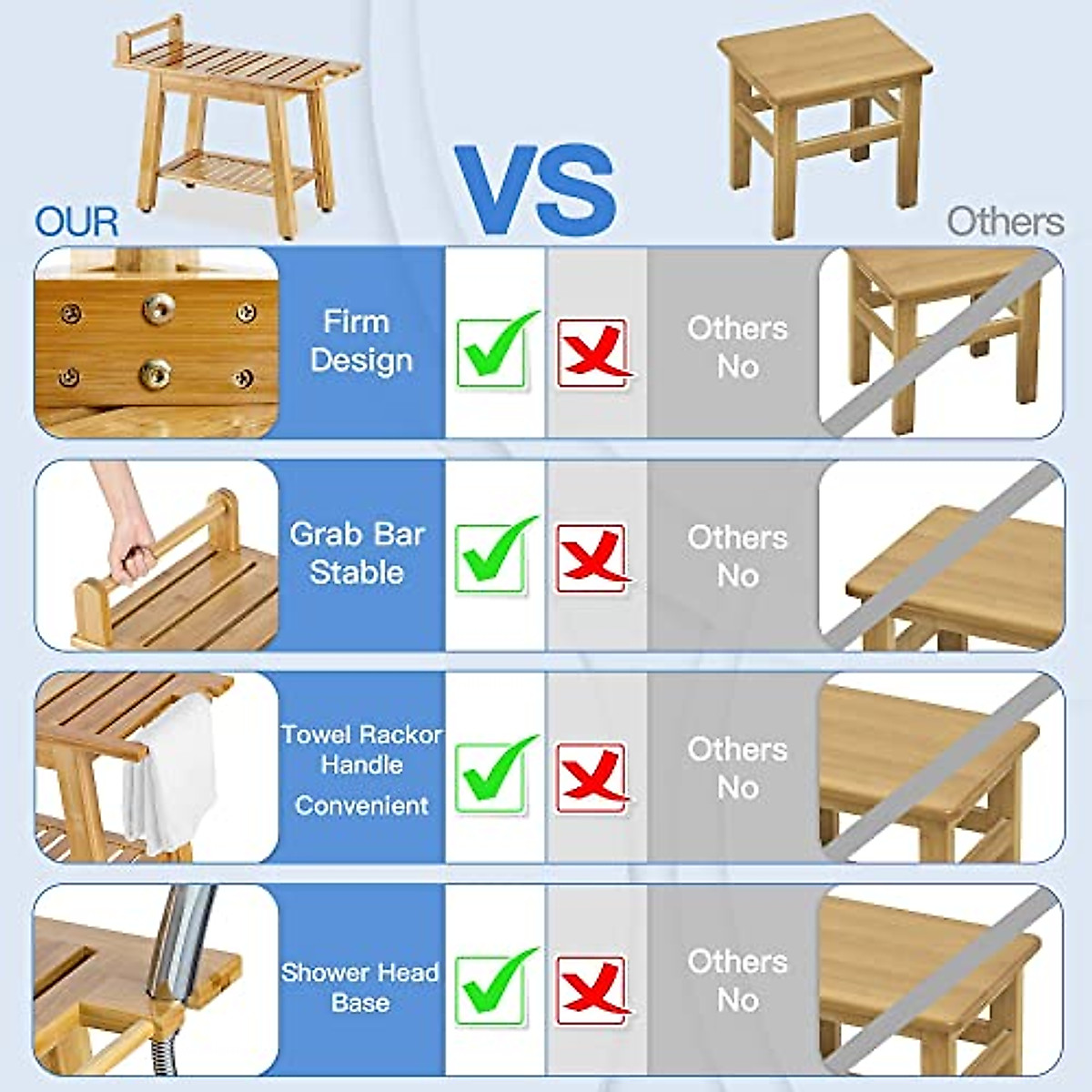 ETECHMART 2-Tier Bamboo Shower Bench, 24 Inch Spa Stool with Storage Shelf for Inside Shower Legs Shaving, Entryway or Bathroom, A-Shaped Shower Bath Seat for Seniors Adults Disabled Women, Natural