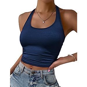 Ekouaer Women Halter Top Backless Scroop Neck Slim Stretchy Ribbed Knit Camisole Crop Tops(Navy,XXL)