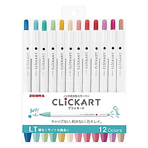 ZEBRA Clickart Water-Based Pen Bright Light 12 Colors Set, Wyss22-12Clt