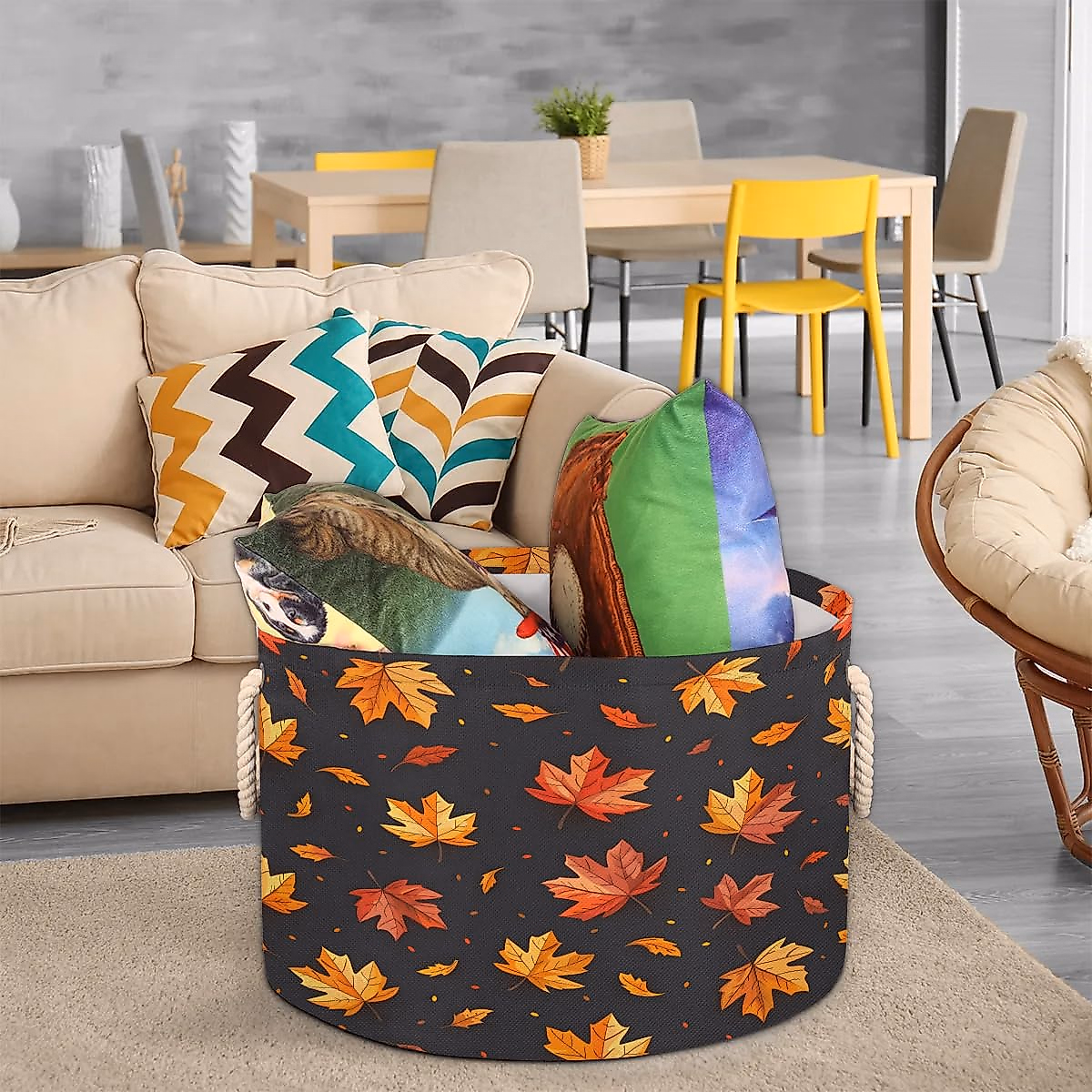 Round Storage Basket Orange Maple Leaves Fall Collapsible Large Clothes Toy Blanket Books Storage Bin Laundry Basket Organizer for Closet Shelf Living Room Nursery Bedroom Dorm