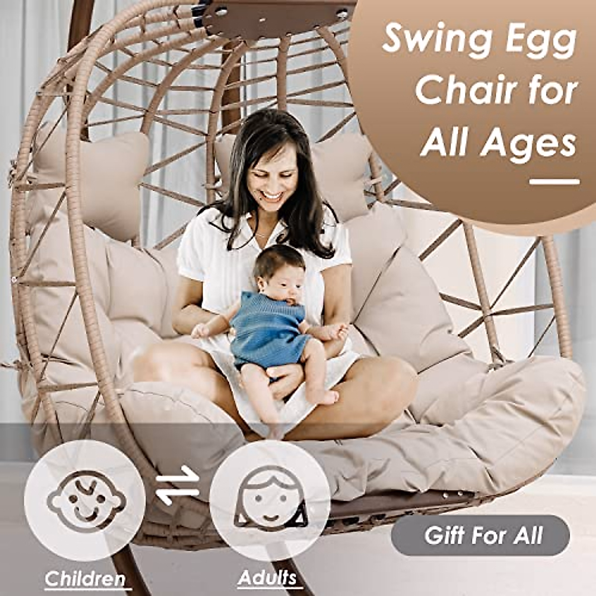 NICESOUL® Double Swing Egg Chair with Stand Large 2 Person Indoor Outdoor Wicker Patio Twins Basket Hanging Chair with Beige Cushions 510 Lbs Capaticy for Bedroom Balcony Oversized