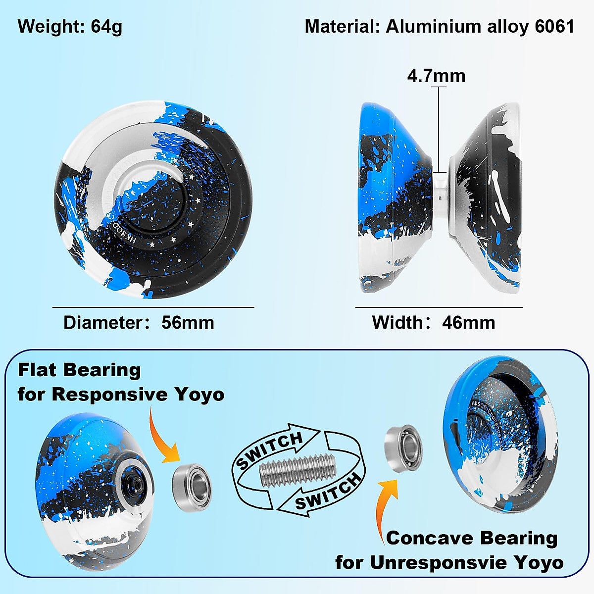 Hksod Yoyo Responsive Professional Yoyos for Kids 8-12 Beginners,Unresponsive Yo Yo for Adults Metal Trick Yoyos with Yo-yo Bearing Accessories - Black Blue