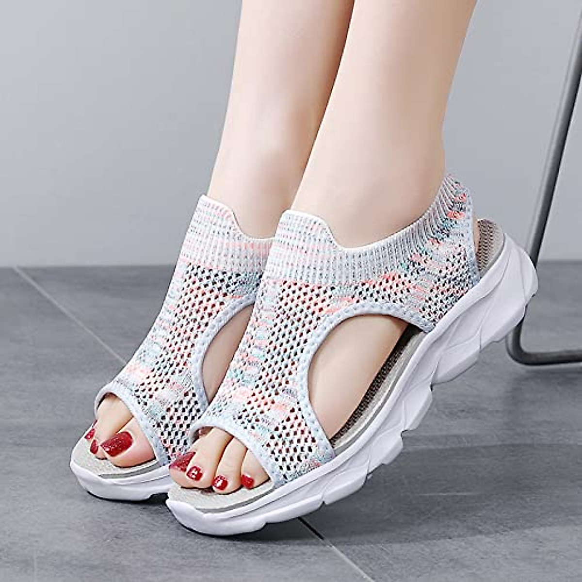 CsgrFagr Women's Over The Knee Boots Women Summer Mesh Beach Slip On Sport Hollow Casual Open Toe Flat Soft Bottom Breathable (Sky Blue, 7)