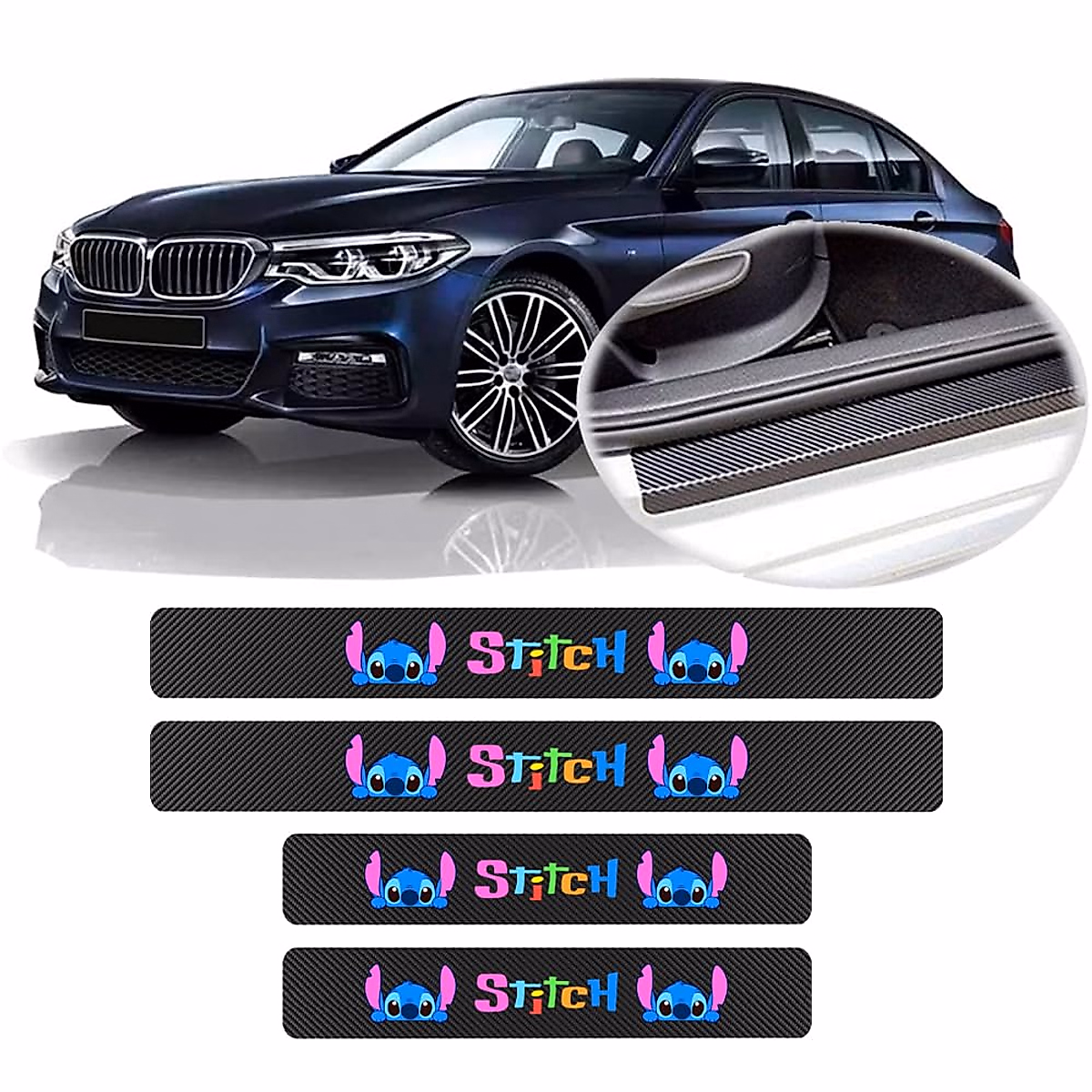 4PCS Cute Funny Cartoon Door Sill Protector with Tire Valve Stem Caps Set, Carbon Fiber Universal Door Sill Sticker Alloy Tire Caps Anti Scratch Decor Anime Car Accessories Set for Fan Gifts