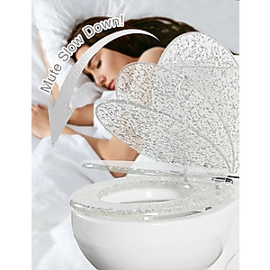 Angol Shiold Resin Round Toilet Seat Glitter Silver, Slow Quiet-Close Heavy Duty Acrylic Toilet Seats for Standard Toilets, Easy Installation & Cleaning (Round 17", Silver Foil, Upgraded hinge)