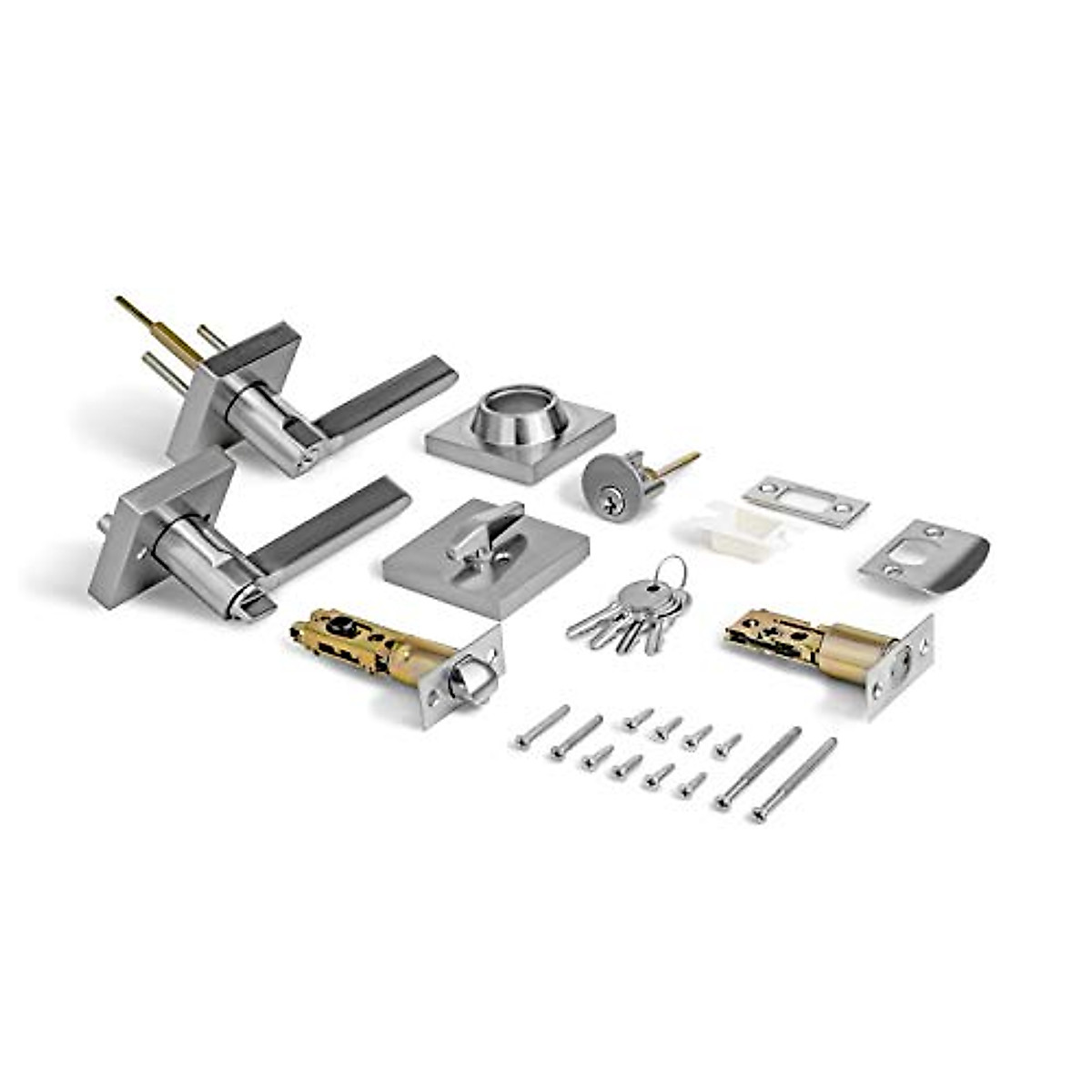 Berlin Modisch Entry Lever Door Handle and Single Cylinder Deadbolt Lock and Key Slim Square Locking Lever Handle Set [Front Door or Office] Right & Left Sided Doors Heavy Duty – Satin Nickel Finish