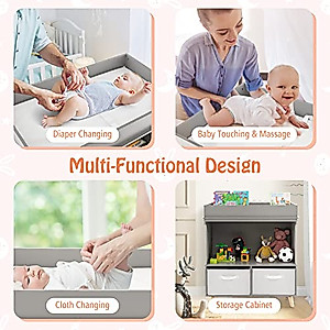 Costzon Baby Changing Table, 2 Drawer Infant Diaper Changing Station with Waterproof Changing Pad, Solid Wood Legs, Changing Table Dresser for Nursery (Gray)
