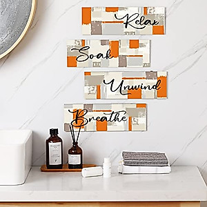 Tradder 4 Pcs Bathroom Wall Art Modern Orange and White Painting Art Bathroom Wall Signs Farmhouse Relax Soak Unwind Breathe Hanging Sign for Home Bathroom Decor
