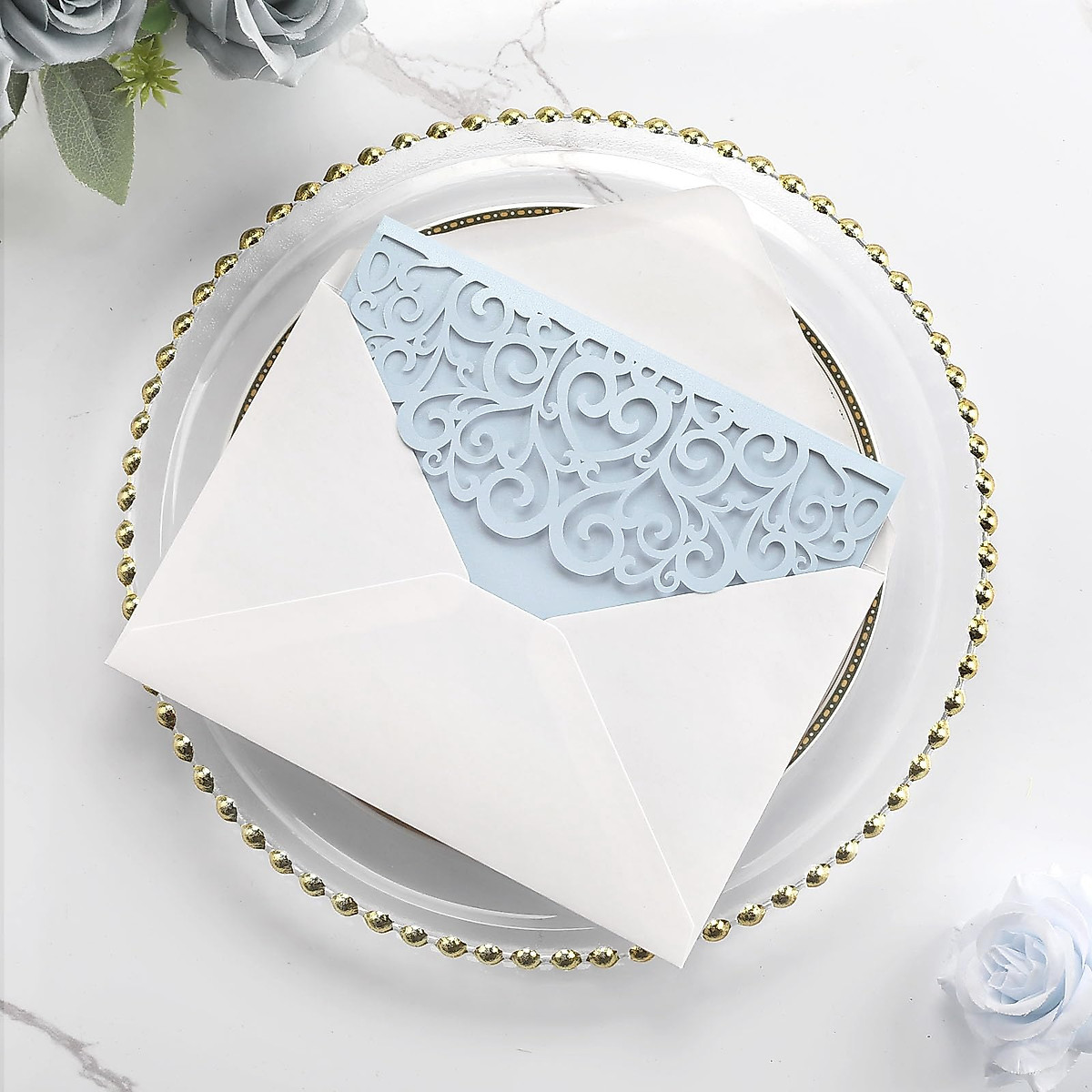Wedding Invitations with Envelopes and RSVP Cards, Light Blue Laser Cut Invitation Pocket Blank Invitations with Envelopes and Stickers, Bridal Shower Card Birthday Party Invitations Custom 50 PCS