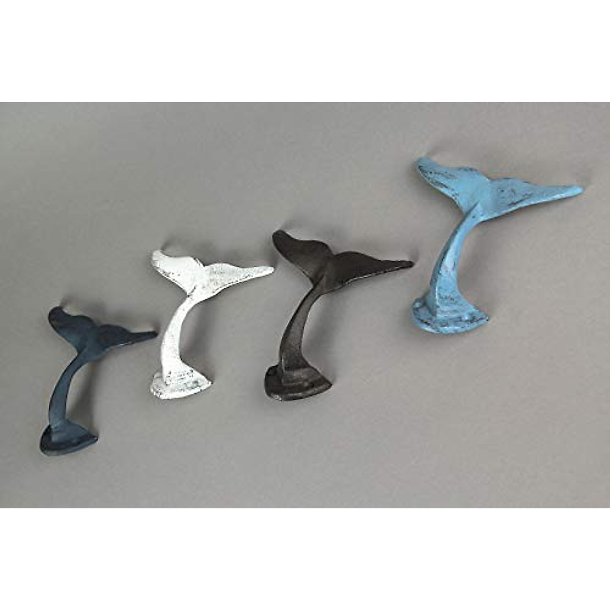 Zeckos Set of 4 Colorful Cast Iron Whale Tail Wall Hooks Decorative Coastal Metal Hangers