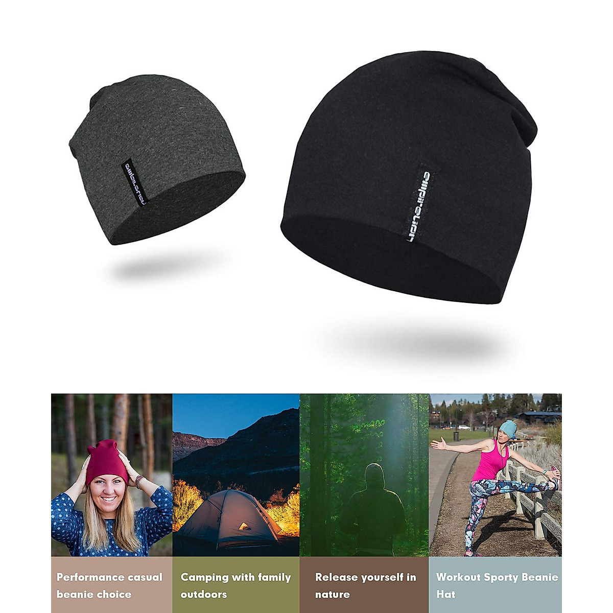 EMPIRELION 9" Multifunctional Lightweight Beanies Hats for Men Women Running Skull Cap Helmet Liner Sleep Caps (Black + Mid Grey Mel., 2)