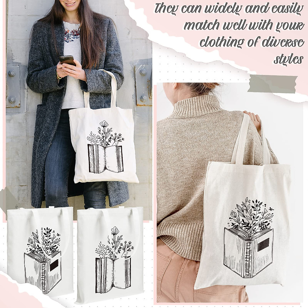 Sweetude 6 Pcs Canvas Aesthetic Tote Bag for Women Wildflower Book Tote Bag Bulk Shopping Bags School Shoulder Bag Reusable Grocery Bags Women's Tote Handbags