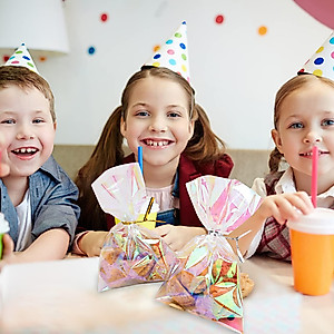 QTOP Cellophane Treat Bags,Iridescent Holographic Goodie Bags, Clear Cello Bags with Twist Ties for Birthday Party Favors, Valentines, Easter, Weddings，Halloween，Christmas (4x6 inches(pack of 100))