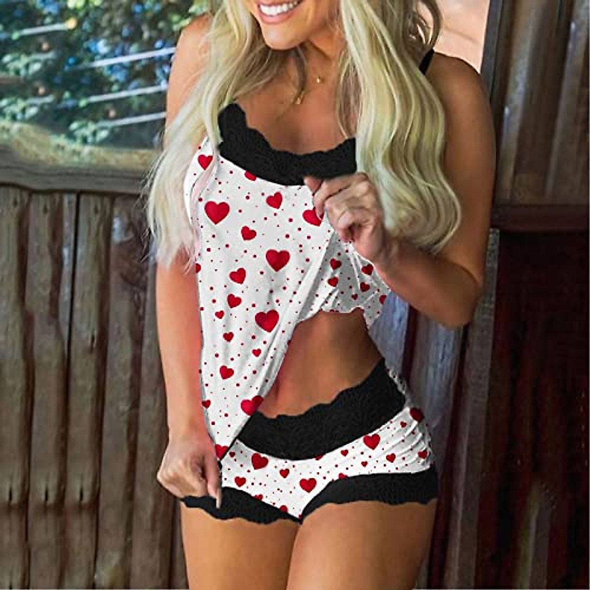 NOLDARES Lingerie for Women Lace Valentines Printed Sexy Lingerie for Women 2-Piece Pajamas Sleeveless Nightie Cami Sets