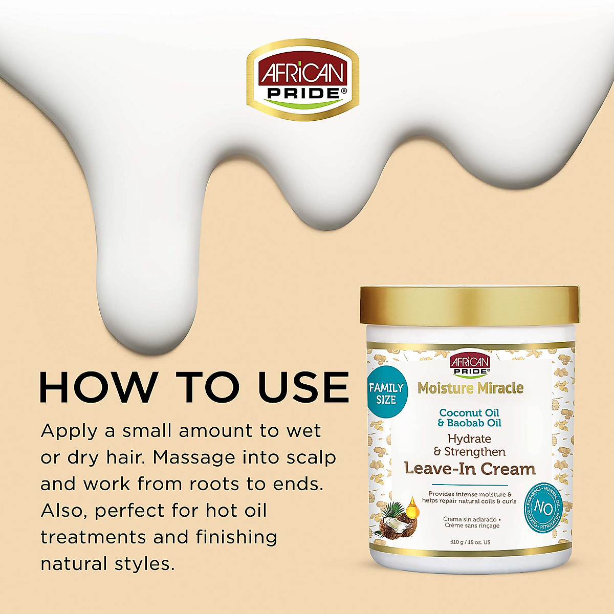 African Pride Moisture Miracle Coconut Oil & Baobab Oil Leave-In Hair Cream - Provides Intense Moisture & Helps Repair Natural Coils & Curls, Hydrates & Strengthens, 18 oz