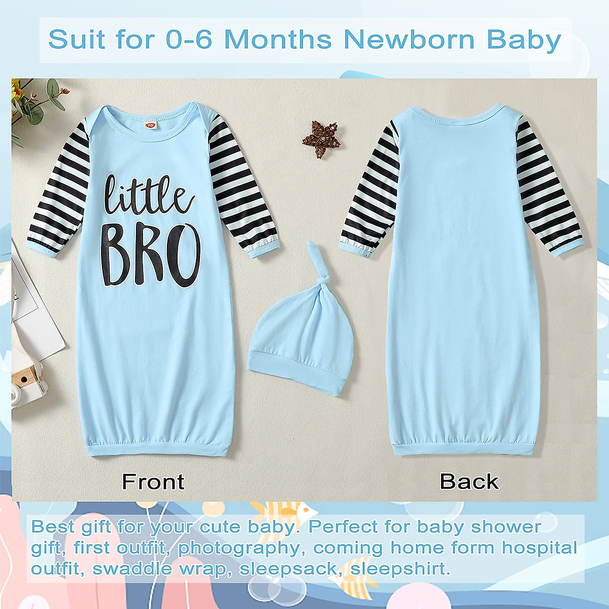 CybNemo Newborn Baby Boy Sleeper Gift Set Little Bro Nightgown Stripe Long Sleeve Infant Sleepwear Outfit Sky Blue
