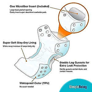 Simple Being Reusable Cloth Diapers- Double Gusset, One Size Adjustable, Washable Soft Absorbent, Waterproof Cover, Eco-Friendly Unisex Baby Girl Boy, six 4-Layers Microfiber Inserts (Whimsical)