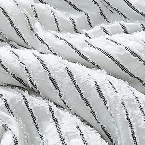 WRENSONGE Boho Queen Jacquard Comforter Set, 8 Pieces Black and White Striped Tufted Comforter Set, Microfiber Cozy Farmhouse Bedding Set with Decor Pillow, Lightweight Breathable for All Seasons