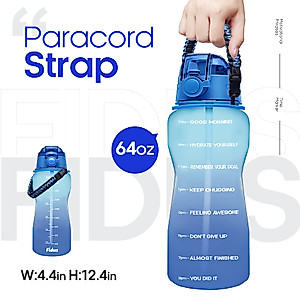 Fidus Large Half Gallon/64OZ Motivational Water Bottle with Paracord Handle & Removable Straw - BPA Free Leakproof Water Jug with Time Marker to Ensure You Drink Enough Water Daily