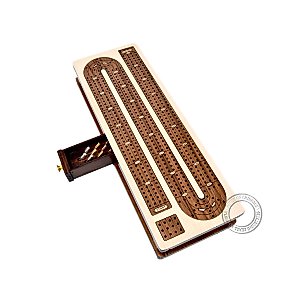 House of Cribbage - Continuous Cribbage Board Inlaid 4 Tracks Maple/Teakwood with Sliding Lids and Drawer