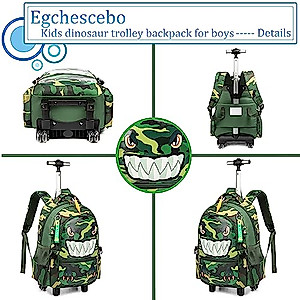 Egchescebo Kids Shark Rolling Backpack for Boys Suitcases Trolley Backpacks with Wheels Roller Luggage Backpacks Wheels with Lunch Box Pencil Case for Elementary Boys Travel School Bag Green