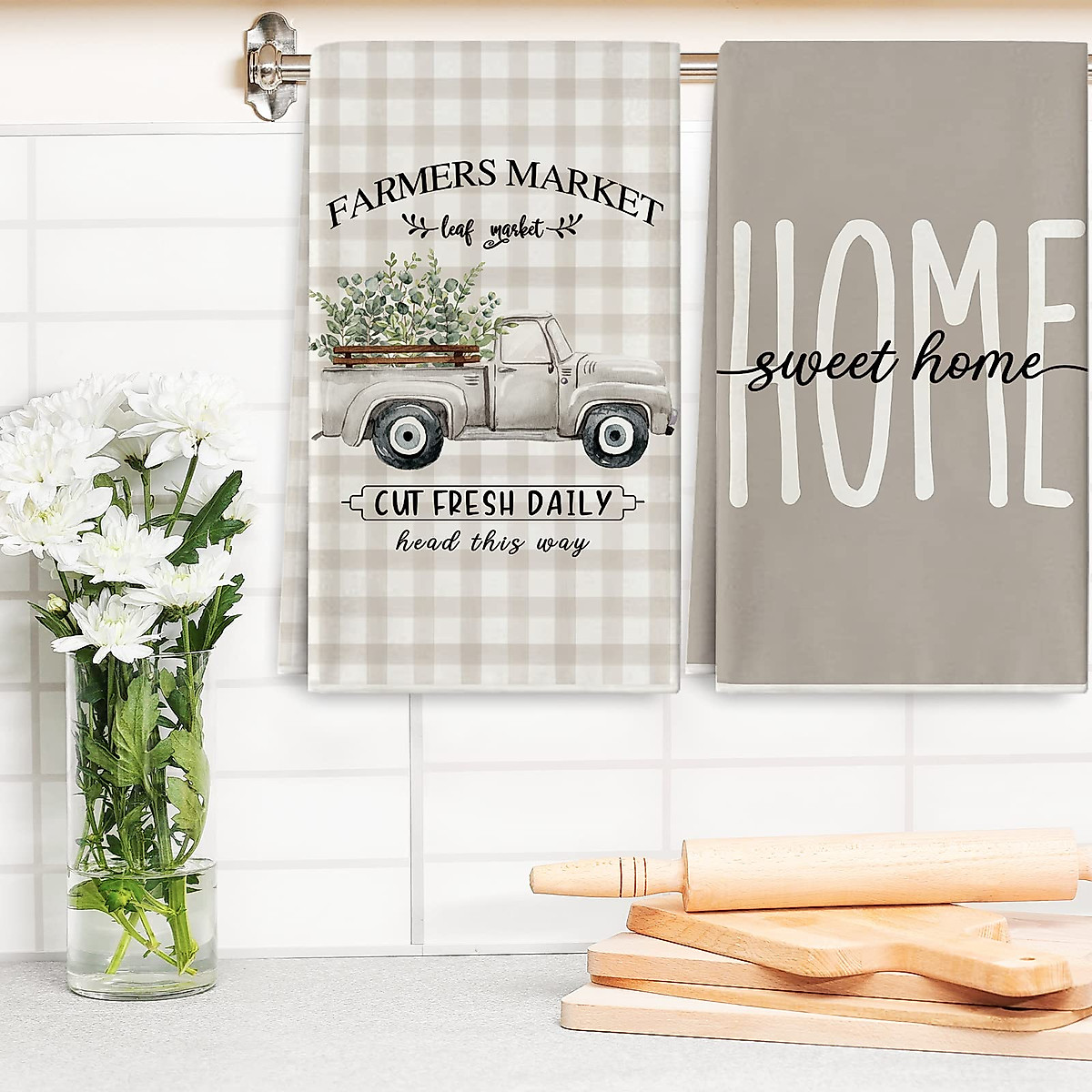 AnyDesign Farmhouse Kitchen Towel Gray Home Sweet Home Dish Towel Buffalo Plaids Truck Eucalyptus Leaves Hand Drying Tea Towel for Home Cooking Baking Cleaning, 18 x 28 Inch, 2Pcs