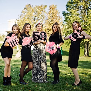 ComboJoy 50th Birthday Decorations For Women - 7 PCS Black & Pink 50 Birthday Yard Signs with Stakes,Sparkling At Night - Outdoor Lawn Decorations