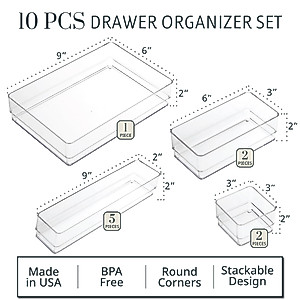STORi SimpleSort 10-Piece Stackable Clear Drawer Organizer Set | Multi-size Trays | Makeup Vanity Storage Bins and Office Desk Drawer Dividers | Made in USA