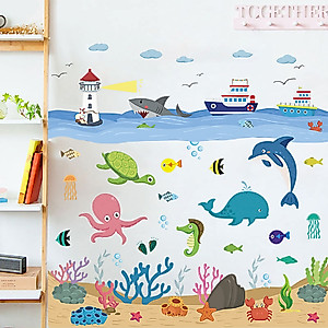 Cartoon Octopus Turtle Whale Grass Seaweed Wall Decals, Under The Sea Wall Decal Stickers, Removable Vinyl Baby Nursery Wall Decor Mural Art for Kids Girls Boy Nursery Bedroom Bathroom
