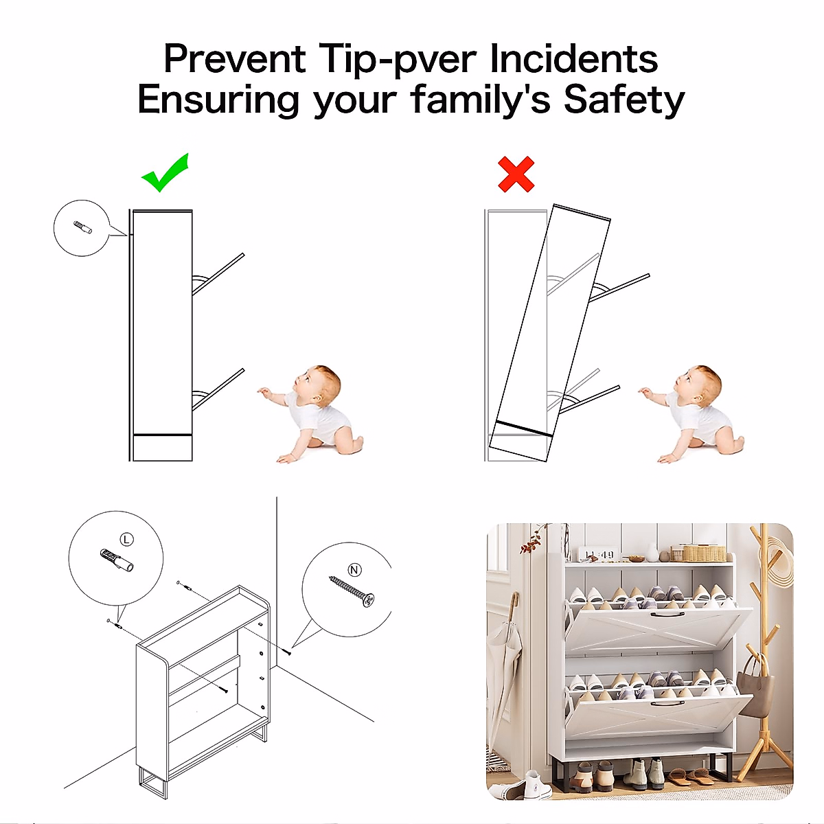 Maupvit Shoe Cabinet with 2 Flip Drawers, Freestanding Shoe Cabinet Organizer with Metal Legs, Shoes Storage Cabinet for Entryway, Narrow Shoe Rack Cabinet, White