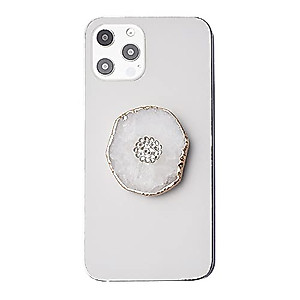 White Agate Stone Crystal Phone Grip Premium Phone Stand Druzy Quartz Healing Crystal Natural Gemstone with Gold Trim and Crystal Design Phone Grip Stand Mount Holder for Smart Phones and Tablet