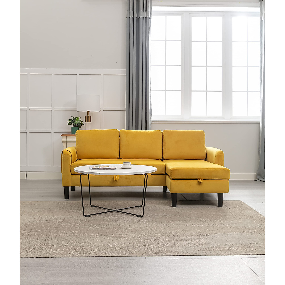 RXRRXY Sectional Sleeper Sofa Bed with Convertible Storage Chaise Lounge, Upholstered L-Shaped Pull Out Sofa Couch Bed with Side Pocket and 3 Removable Pillows for Living Room, Apartment (Yellow)