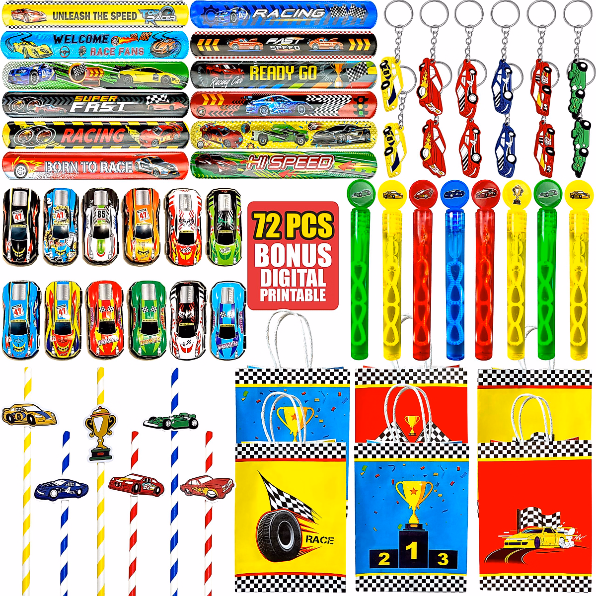 Race Car Party Favors 72 Pcs Mini Race Car Treat Bag Slap Bracelets Keychain Bubble Paper Straws Gift Rewards for Birthday Supply Classroom Reward