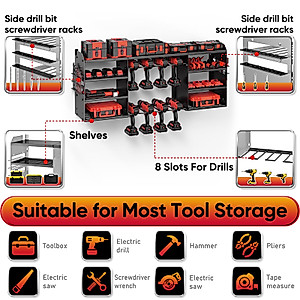 POKIPO Upgrade Large Power Tool Organizer Wall Mount,Cordless Tool Storage Rack with 8 Drill Holder,4 Layer Heavy Duty Metal Loads 400lbs Power Tools Battery Utility Shelve for Garage and Workbench