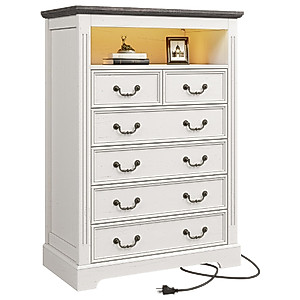 EnHomee Farmhouse 6 Drawer Dresser for Bedroom LED Light & Power Outlets, 48" H Solid Wood Dressers & Chests of Drawers with Natural Texture, Tall Dressers for Bedroom, Hallway (Antique White)