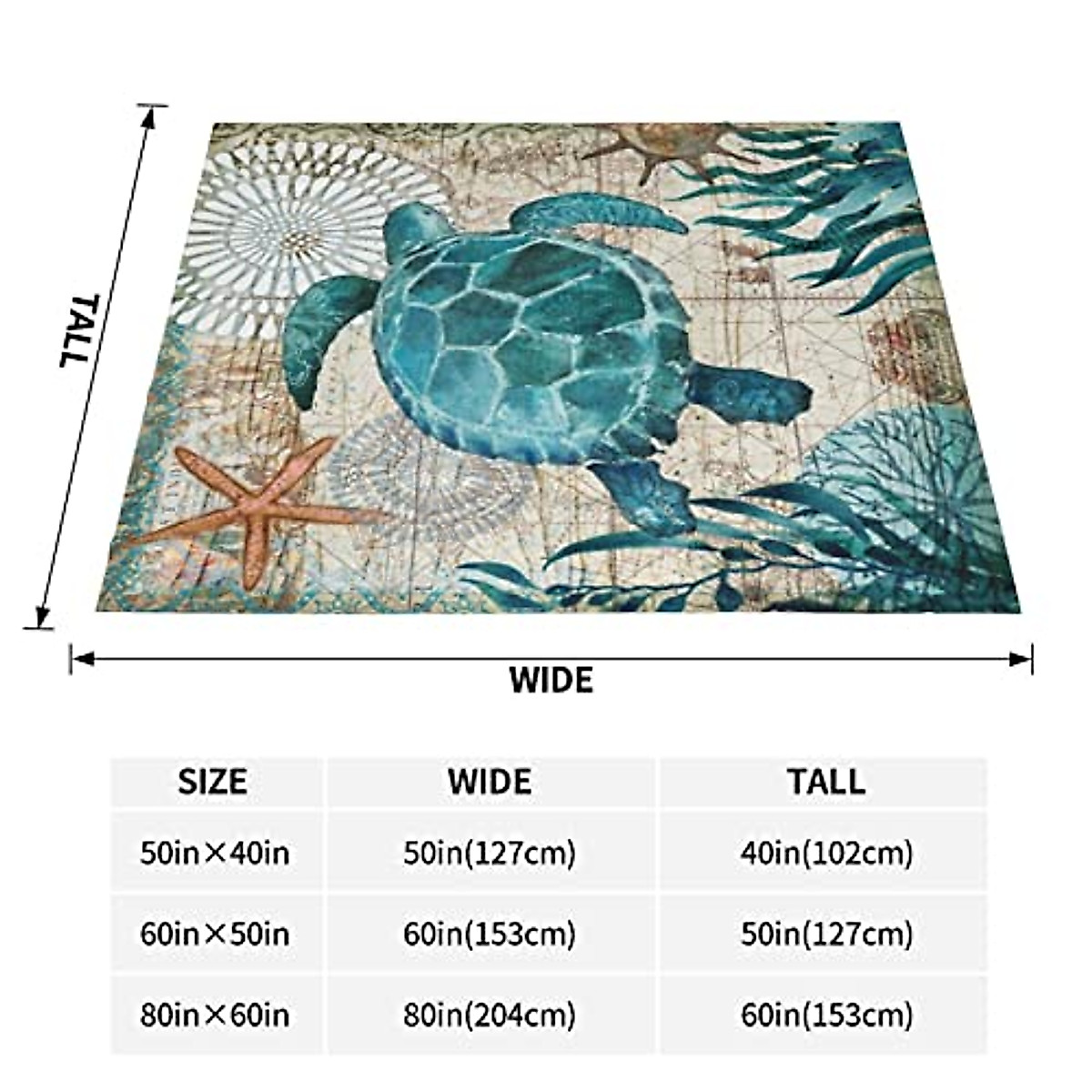 Plush Air Conditioning Throw Blanket, Vintage Ocean Turtle Starfish World Map Ultra-Soft Cozy Plush Blankets for Bed Couch Chair Office Living Room 50"x40".