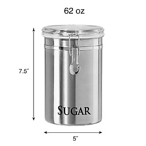 Oggi Stainless Steel Sugar Canister 62 fl oz - Airtight Clamp Lid, Clear See-Thru Top - Ideal Sugar Container for Countertop, Sugar Jar, Bulk Sugar Storage. Large Size 5" x 7.5".