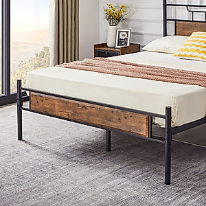 VECELO Queen Size Platform Bed Frame with Wood Headboard/Premium Steel Slats Support/No Box Spring Needed,Brown(Crown)