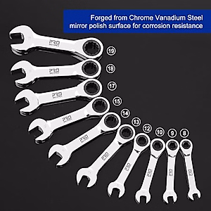 Prostormer Stubby Ratcheting Combination Wrench Set, 10-Piece 8-19mm Metric Chrome Vanadium Steel Ratchet Wrenches with Rolling Pouch, 72-Teeth, 12-Point Box End