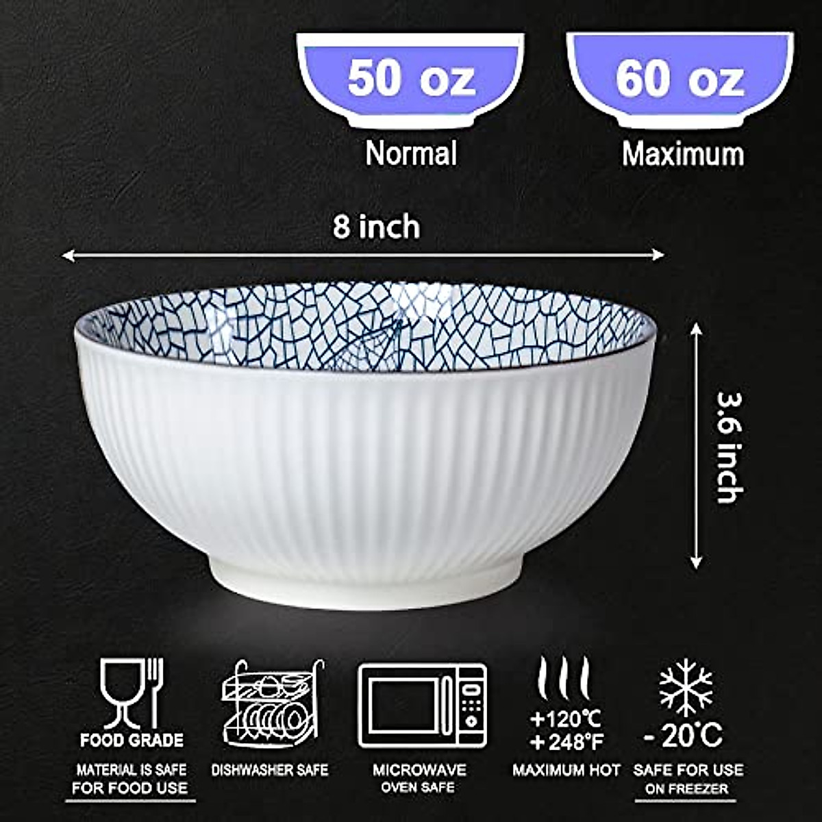 Houlu 60 oz Pho Bowls, Large Soup Bowl, Japanese Ramen Bowl Set, 8 inches Big Porcelain Bowls Set of 3, Leaf Patterns