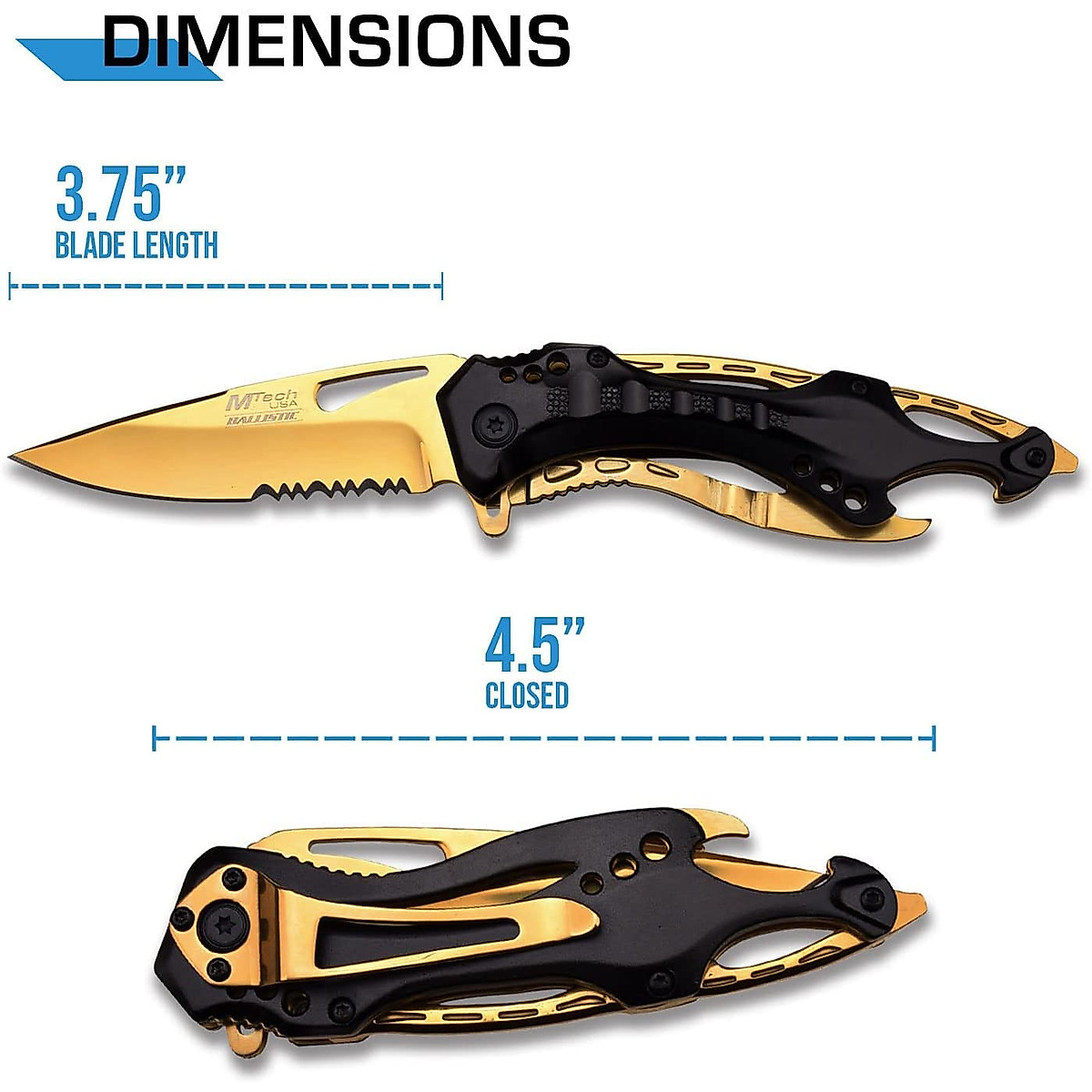 Blue Steel Personalized Laser Engraved Pocket Knife, Fathers Day, Groomsmen Gift, Graduation Gifts, Gifts for Men Free Engraving 4.5" CLOSED (Black/Gold)