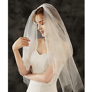 JWICOS 2 Tier Wedding Veil for Brides Short Bridal Tulle Hair Accessories with Comb and Cut Edge Pearl Veil Headband for Bachelorette Wedding Party (White)