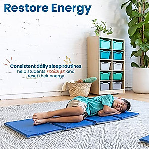 ECR4Kids Everyday Folding Rest Mat, 4-Section, 1in, Classroom Furniture, Blue/Grey