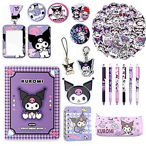 Cute Kuromi School Supplies Set Kawaii Office Supplies Gift Set Including Gel Ink Roller Pens Booklet Pencil Case ID Badge Stickers Button Pins Key Chain Phone Chain Phone Ring Holder