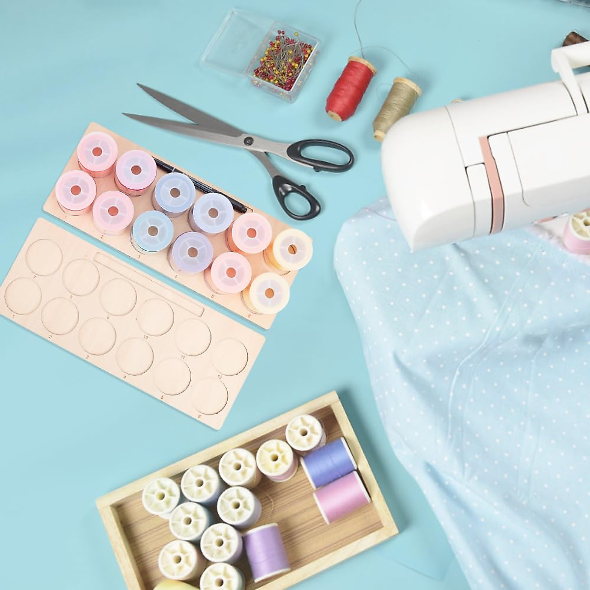 BENECREAT 2pcs Slots Wood Embroidery Thread Storage Trays 12 Positions Wooden Thread Spools Rack Thread Holder Organizer for Embroidery Quilting and Sewing Threads, 12.6x5"