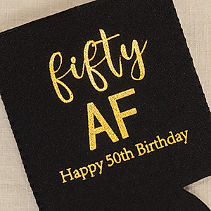 Crisky Fifty Can Cooler, 50th Birthday Decorations Beer Sleeve Party Favor, Can Covers with Insulated Covers, 12-Ounce Neoprene Coolers for Soda, Beer, Can Beverage, 12 Black Gold