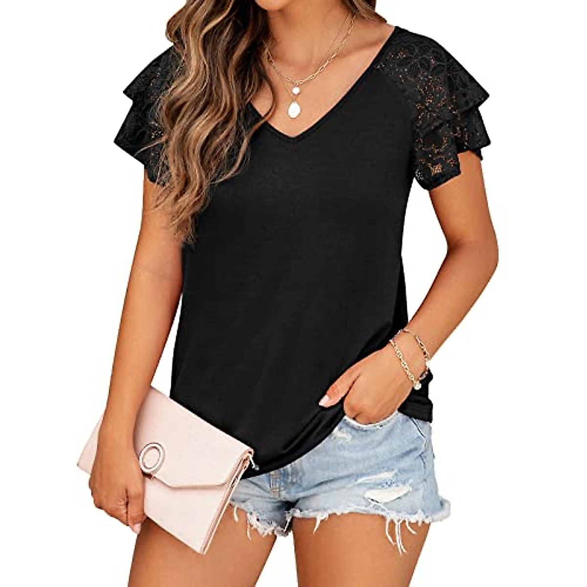 FREEOAK Summer Tops Double Lace Sleeve Shirts for Women V Neck Loose Casual Tee Tunics Black Tops for Women Black L